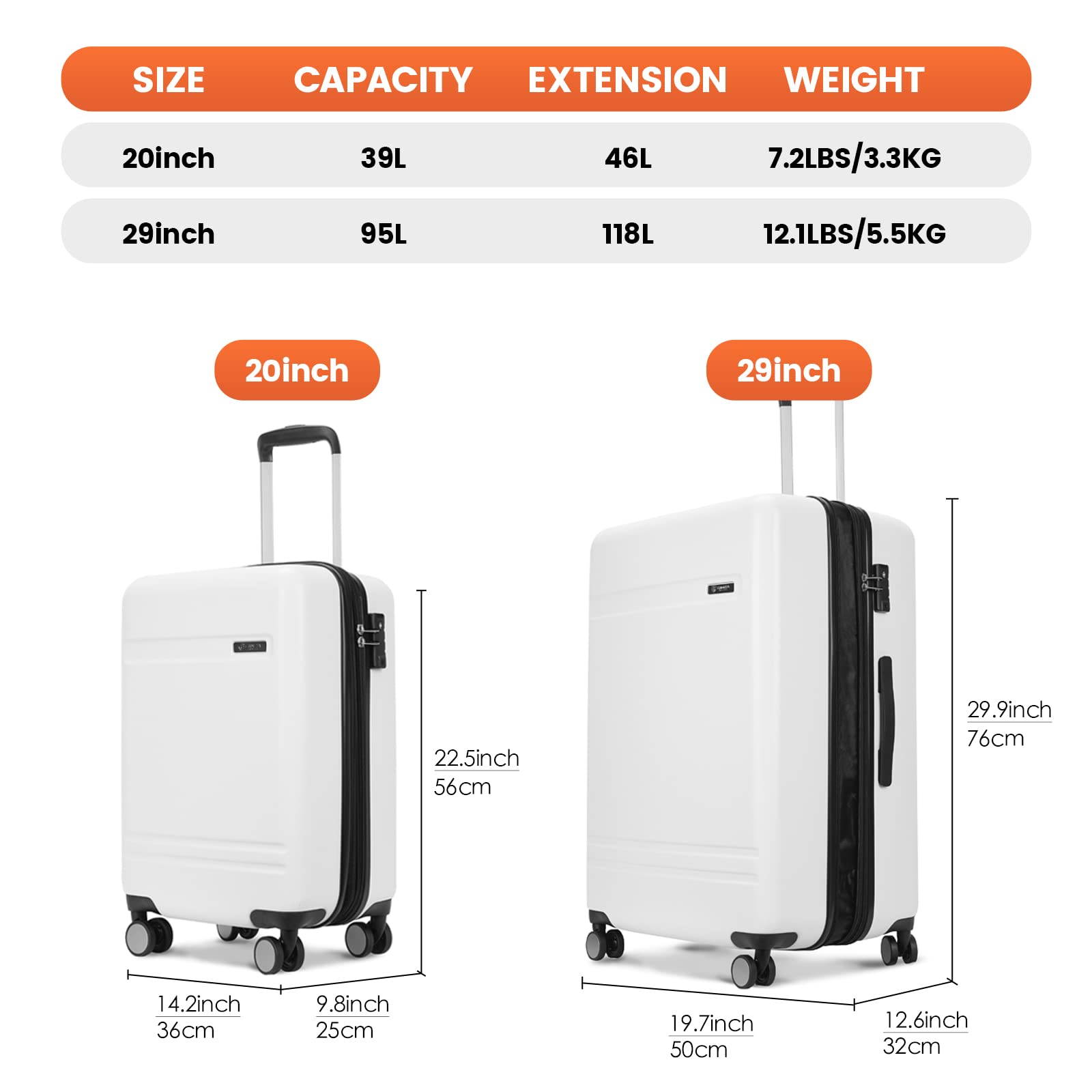 PRIMICIA GinzaTravel 2-Piece Luggage Sets Expandable Suitcases with 4 Wheels PC+ABS Durable Hardside Luggage sets TSA lock (White, 2-Piece Set(20"/29"))