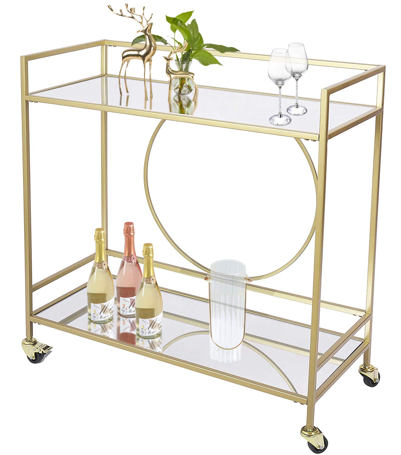 RiteSune Gold Mirror Rolling Serving Bar Cart on Lockable Wheels, Wine Drink Liquor Cart Stand for Home Kitchen Storage, Living Room, Club Party, Christmas, New Year