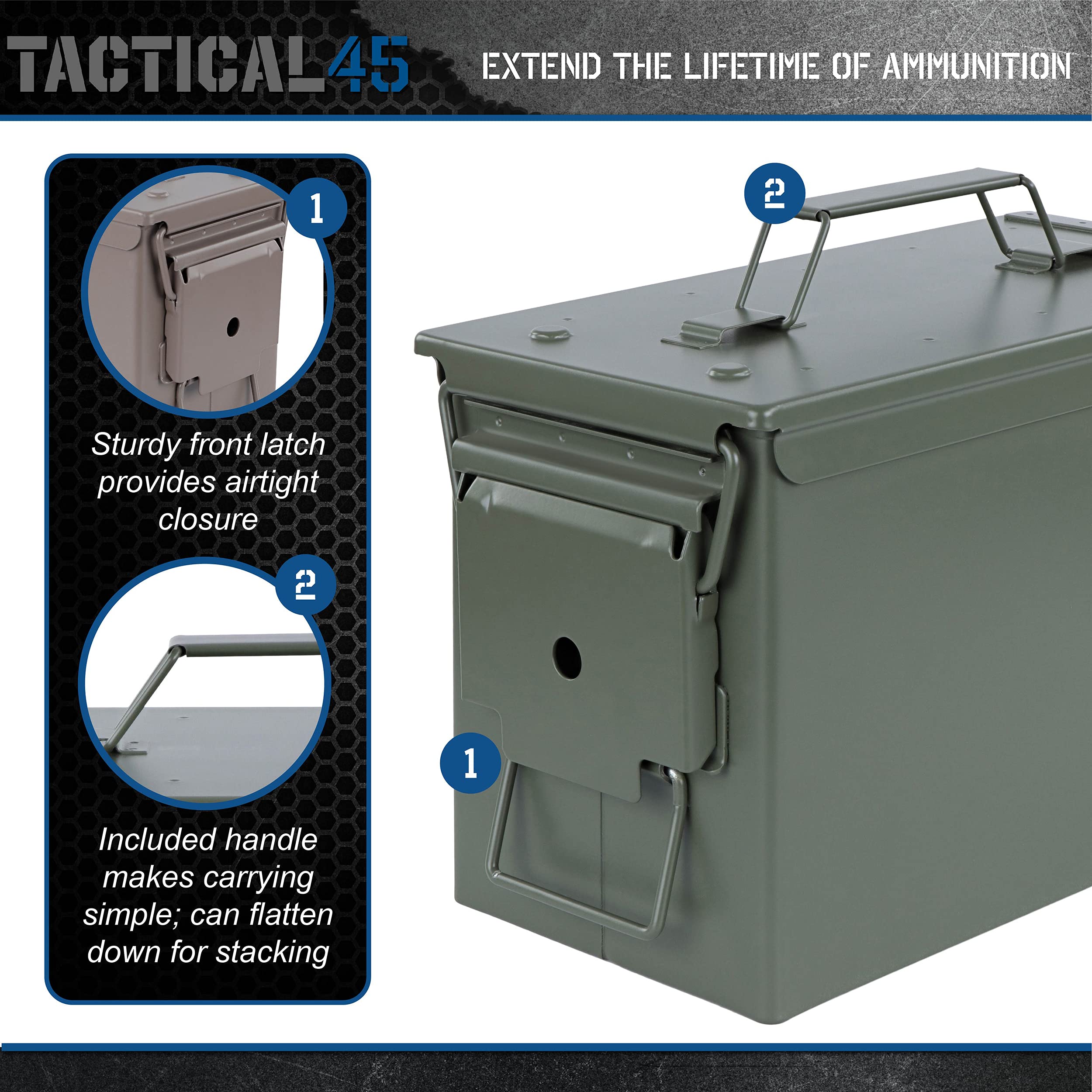 Tactical45 M2A2 50 Cal Ammo Can Army Green Ammo Storage Container with Front Latch System Steel Military Grade Ammo Case