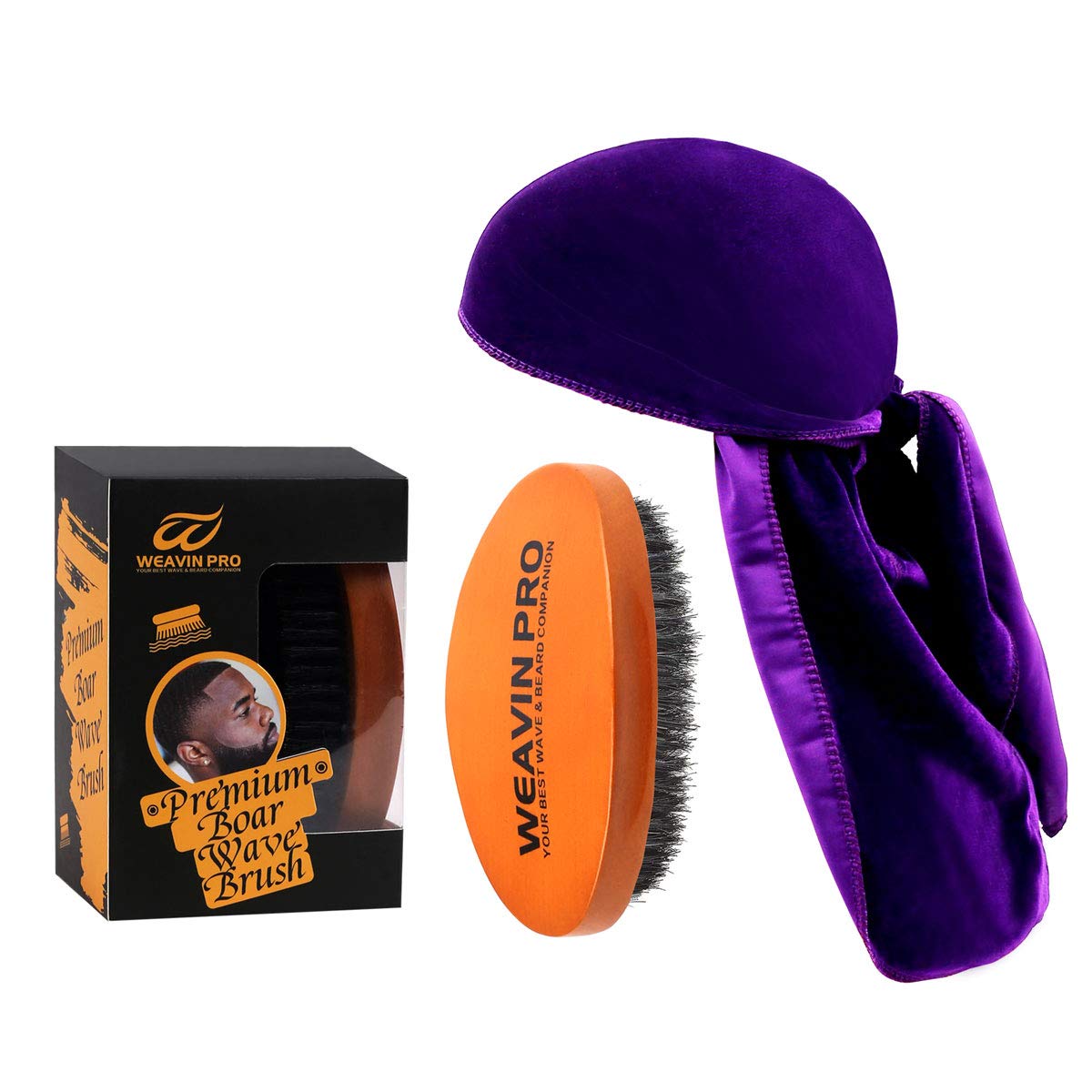 Wave Brush 360 Wave Brush Made With Pure Black Medium Boar Hair Bristle With Silky Velvet Durag for Men