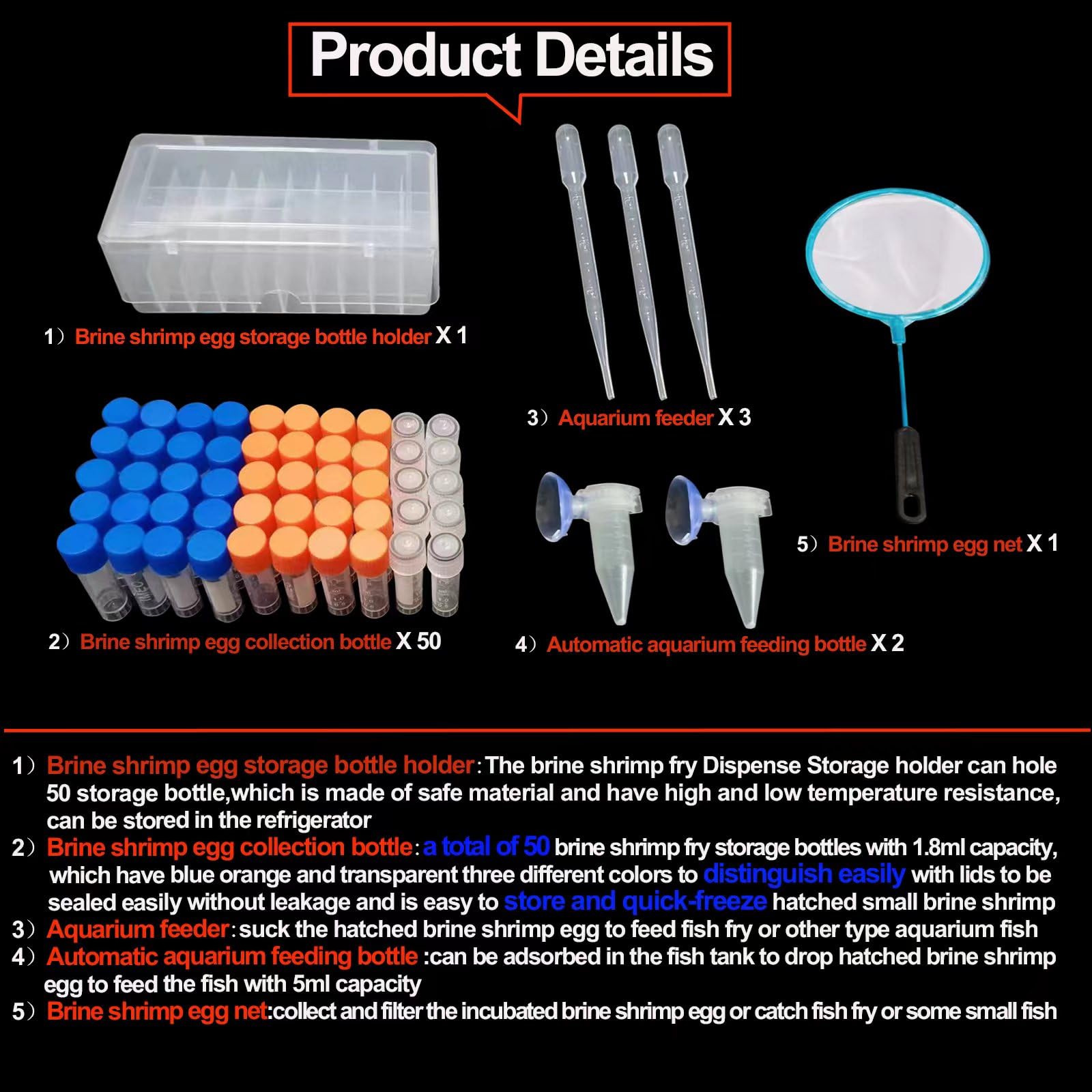 Saricho brine Shrimp Egg Dispense Storage Bottle kit for brine Shrimp Hatchery with 50 brine Shrimp Egg Collection Bottles,Bottles Holder,3 Aquarium feeders,2 Automatic Feeding Bottles,Collecting net