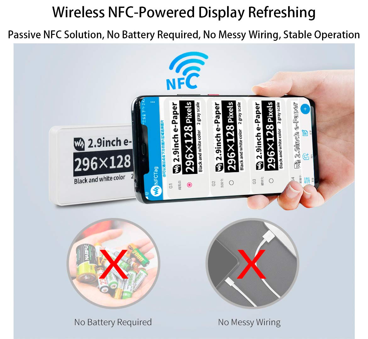 Waveshare 2.9inch Passive NFC-Powered e-Paper No Battery Required No Messy Wiring Novel Passive NFC Tech Wireless Powering & Data Transfer APP Provided 296×128 Pixel,Black& White Color