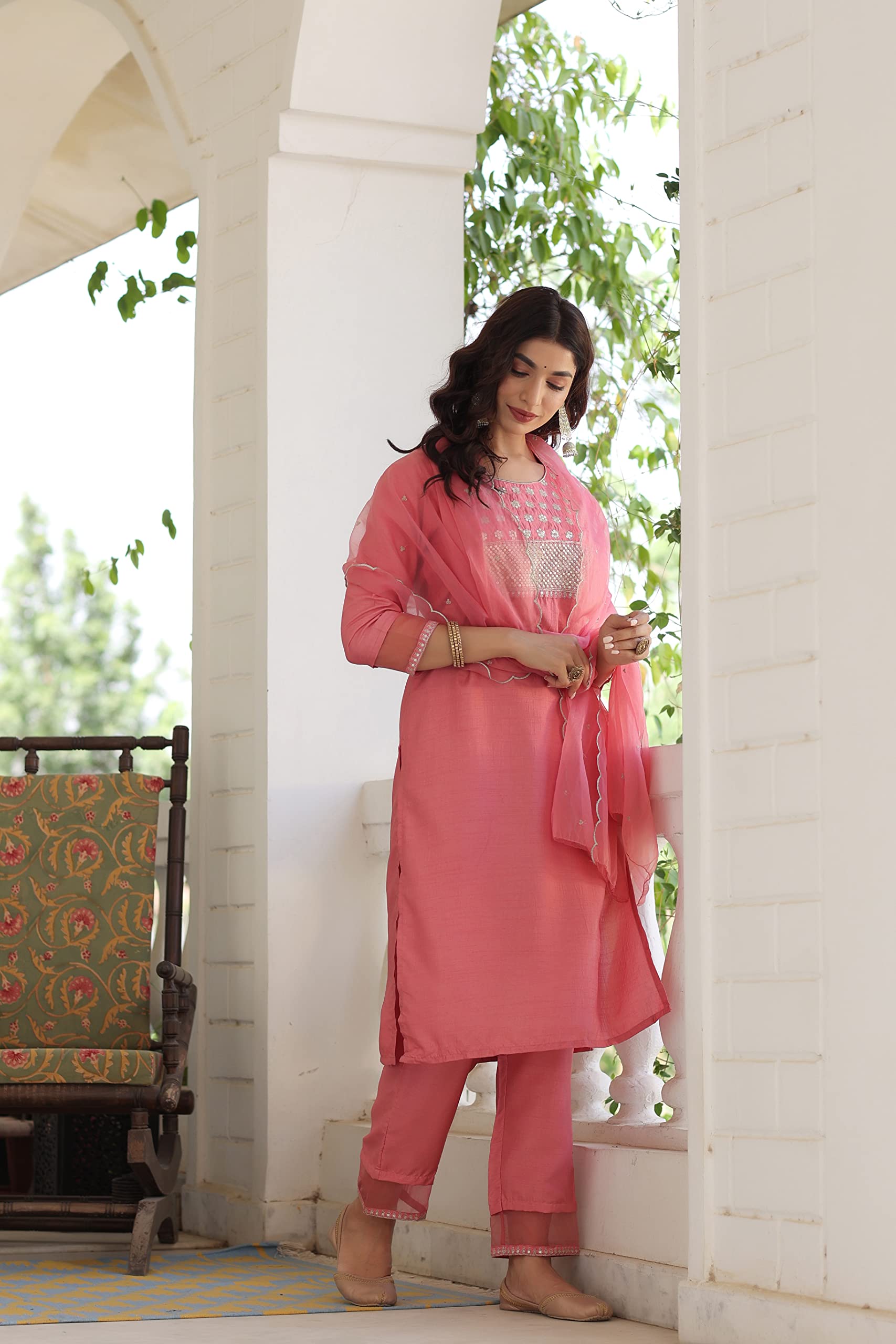 Vaamsi Women's Polysilk Embroiderd Kurta Pant Dupatta Set (PKSKD1159_XS_Pink)