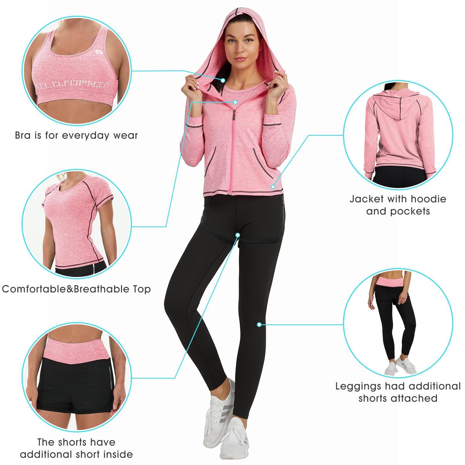 Workout Outfit Set for Women 5 Pieces Yoga Exercise Clothes with Sport Bra Shorts Leggings Shirt Jacket Athletic(Pink, L)