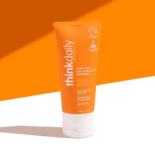 Thinkdaily Tinted Sunscreen for Face, SPF 30, 24.25% Zinc Oxide, 2 Oz, Safe, Natural, Water Resistant Reef Safe Sunscreen, All Skin Tones, Broad Spectrum UVA/UVB Sun Screen for Sun Protection