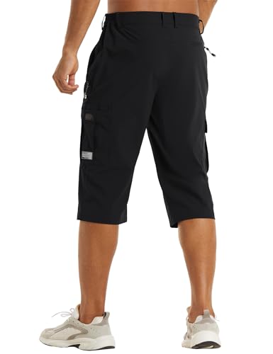 TACVASEN Capri Pants for Men Black Cargo Shorts Men Outdoor Quick Dry Shorts for Men Water-Resistant Workout Shorts with Zipper Pockets