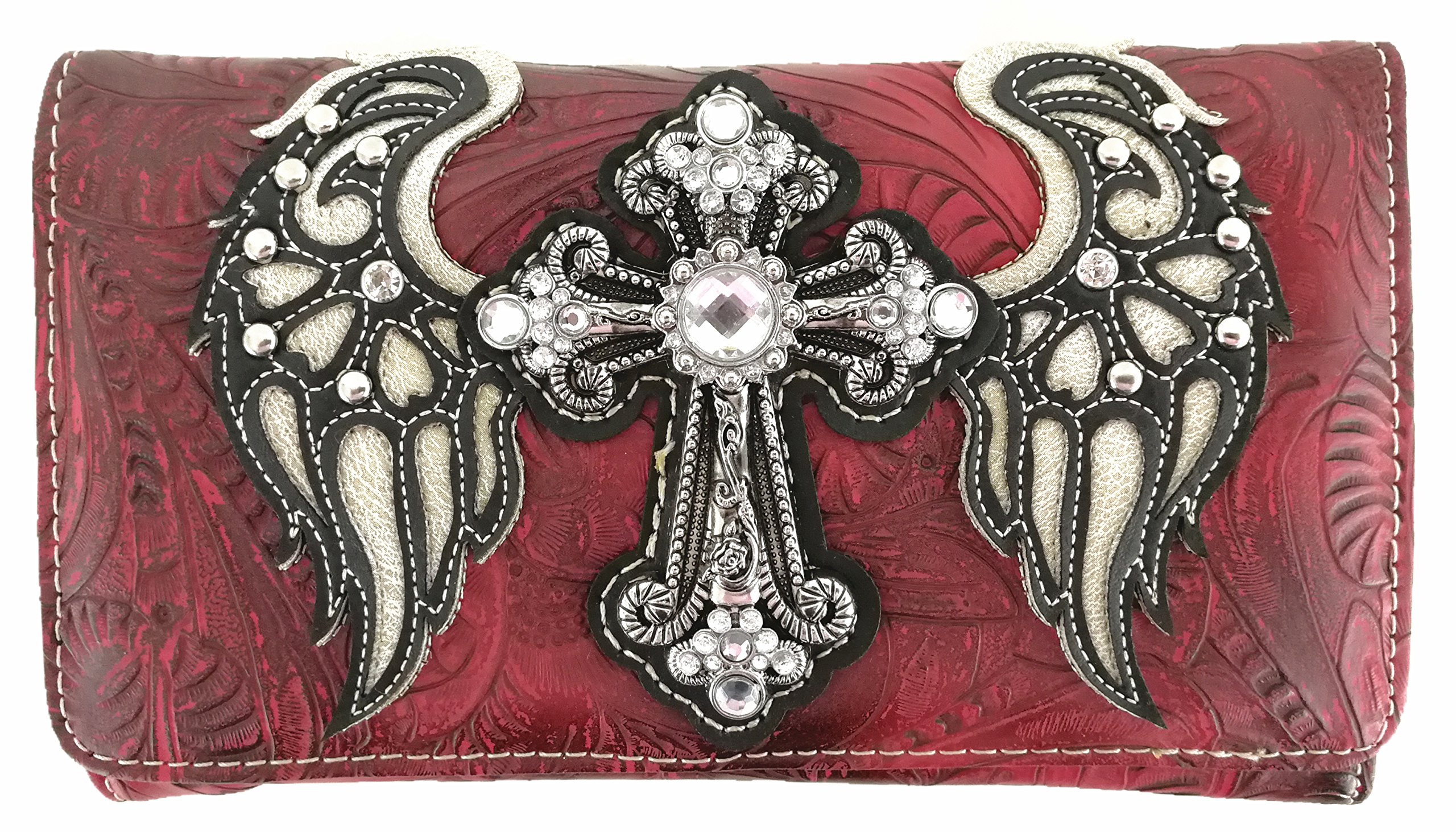 Western Rhinestone Cross Laser Cut Wings Tote Concealed Carry Purse Handbag Women Shoulder Bag Wallet Set (Red Set)