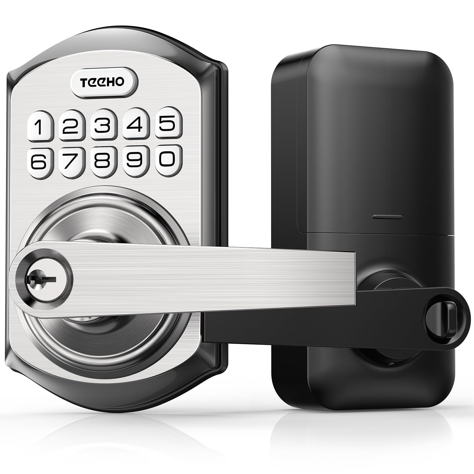 TEEHO TE004 Keyless Entry Door Lock with Handle, Electronic Keypad Lock, Digital Front Lock Set, Auto-Locking, Anti-peep Code Door Lever, Satin Nickel
