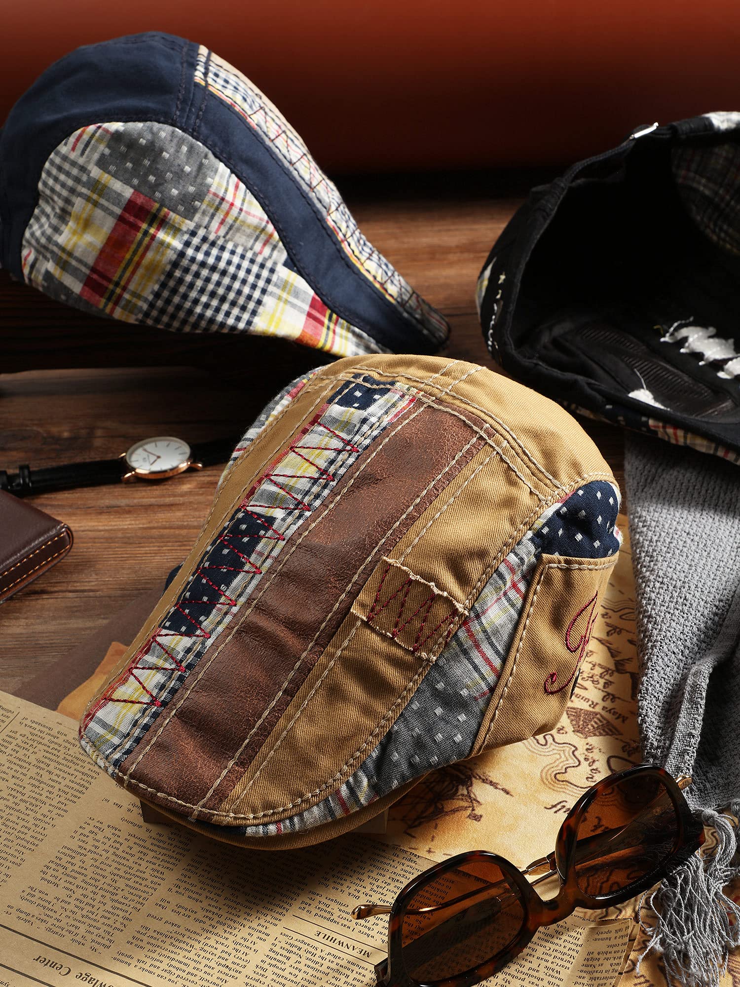 Zhanmai 3 Pieces Flat Caps for Men Newsboy Hats Beret Cabbie Hat Fabric Hat Adjustable Patchwork Flat Cap for Men Black