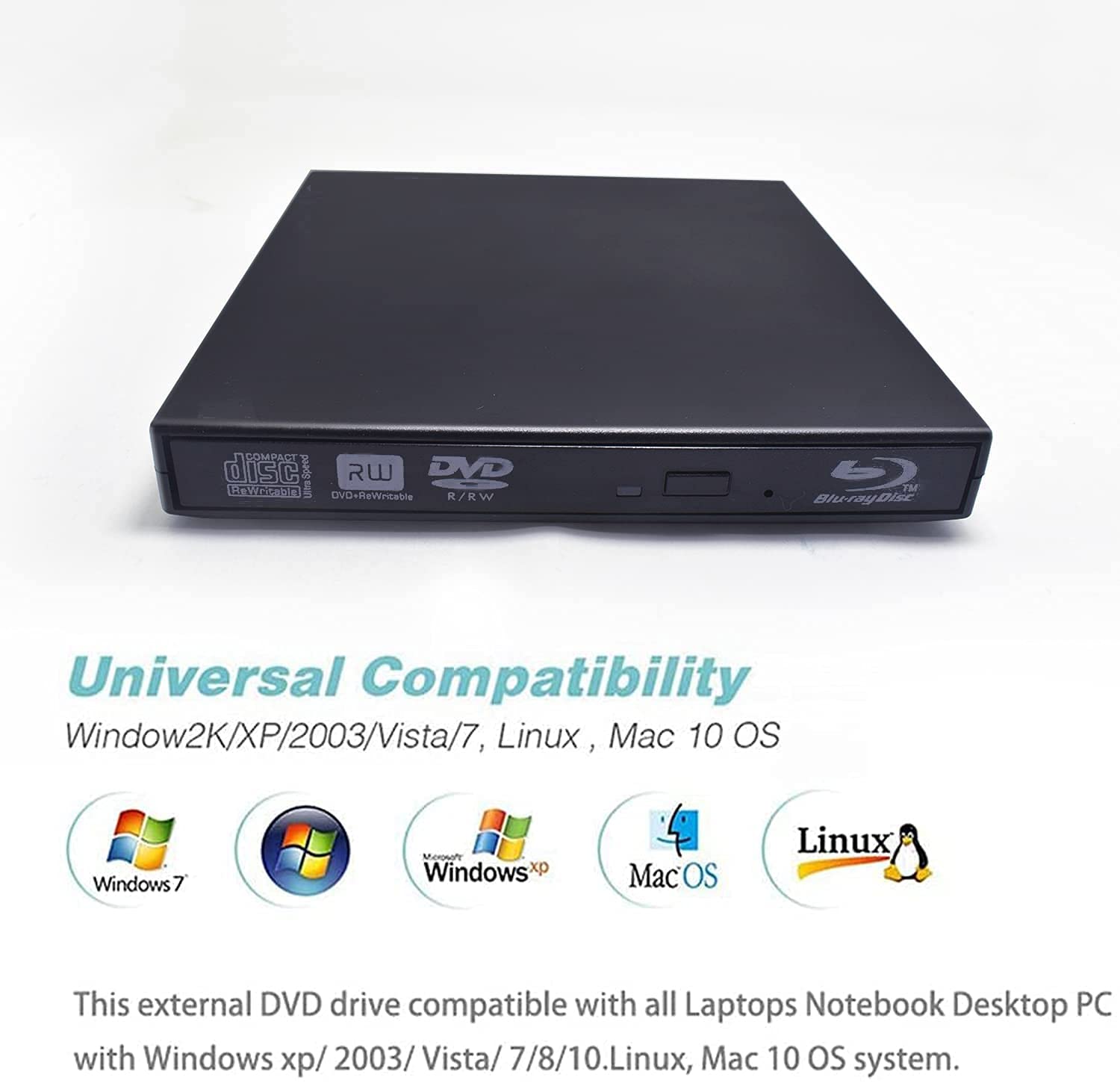 VSVABEFV External USB Blu Ray Drive, Ultra-Slim BD/CD/DVD-ROM CD/DVD-RW Blu Ray Burner Player Rewriter for Laptop/MacBook/Desktop, Portable Blu-Ray Drive Compatible with Windows XP/7/8/10/X MacOS