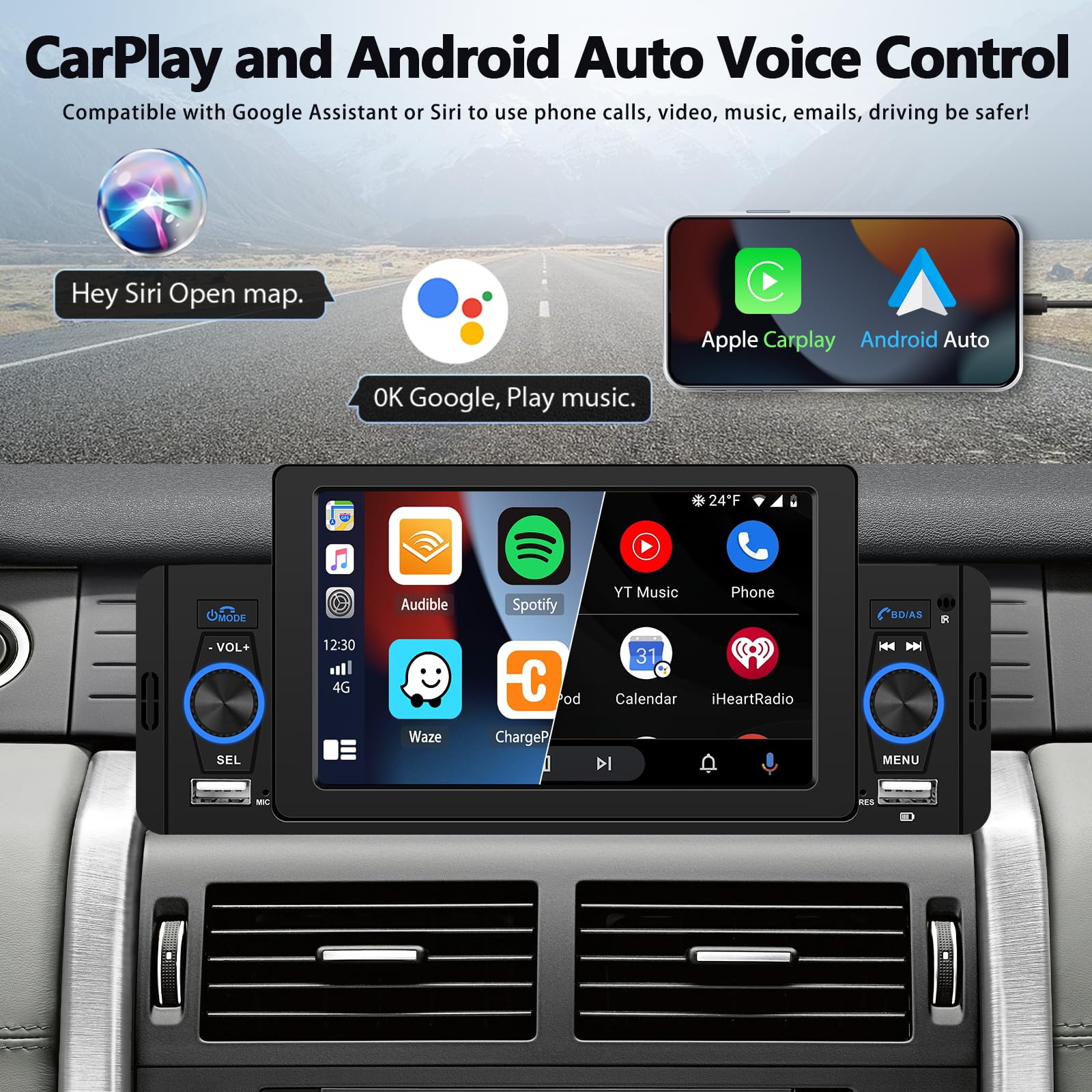 UNITOPSCI 5 Inch Single Din Touchscreen Car Stereo Compatible with Apple CarPlay Android Auto Bluetooth 5.1 Car Radio Receiver Mirror Link FM MP5 Player Dual USB EQ Media Player +Backup Camera Mic