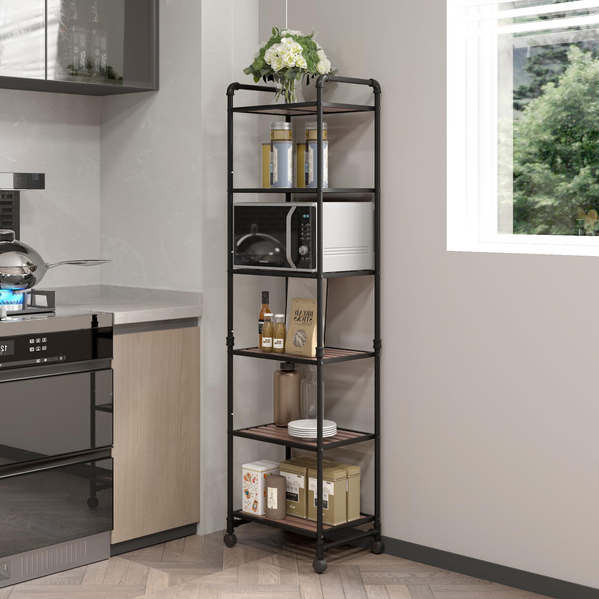 USIIN 6-Tier Corner Shelf with Rolling Design Plant Flower Shelf Rack Bathroom Storage Practical Storage Rack Metal Frame- Versatile Storage Solution
