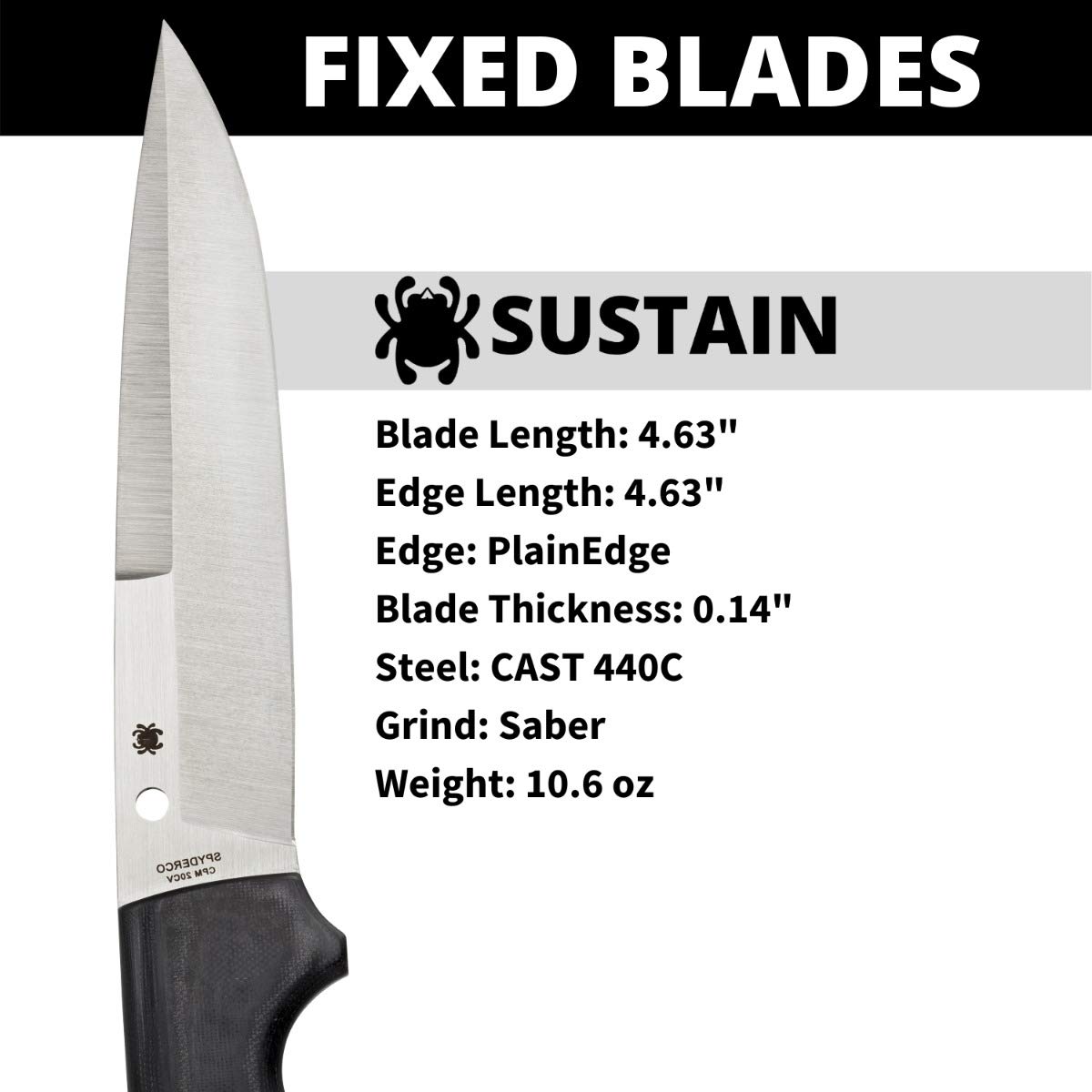 Spyderco Sustain Fixed Blade - Black G-10 Handle with PlainEdge, Saber, and CPM 20CV Steel Blade- FB39GP