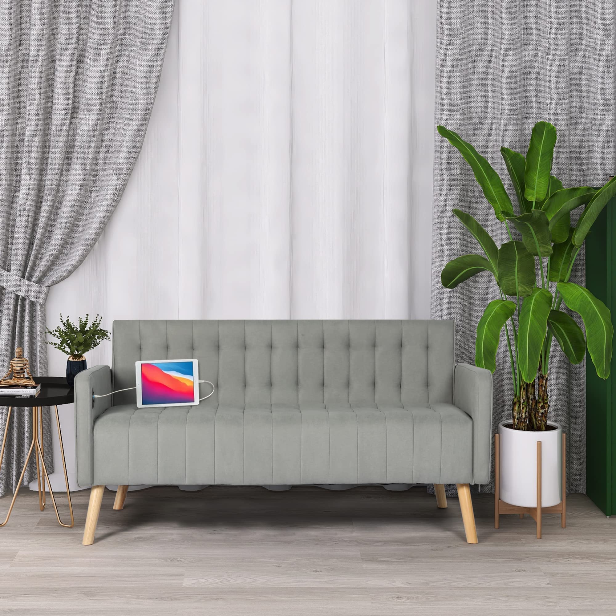 TYBOATLE 57“ Modern Striped Linen Upholstered Loveseat Sofa w/ 2 USB Charging Ports, Mid Century Couch for Small Space Configuration, Living Room, Office, Apartment, Dorm, Grey