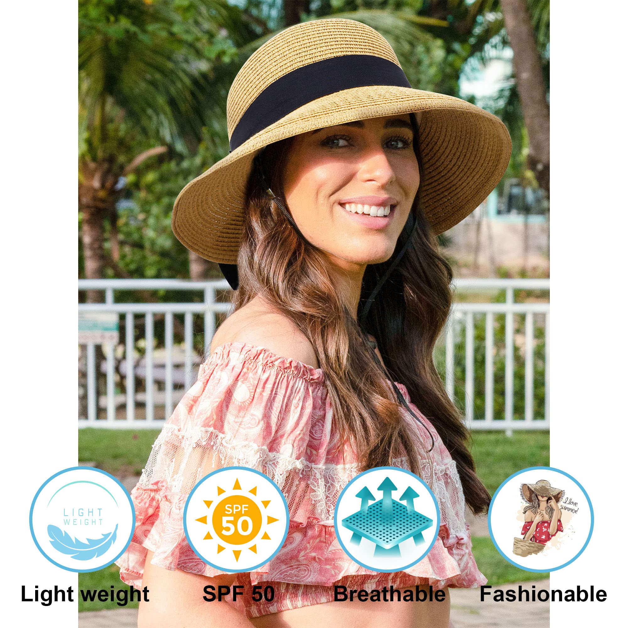 Verabella Womens Straw Beach Hat Lightweight Summer Foldable/Packable Floppy Hats for Women Fashionable,Nature