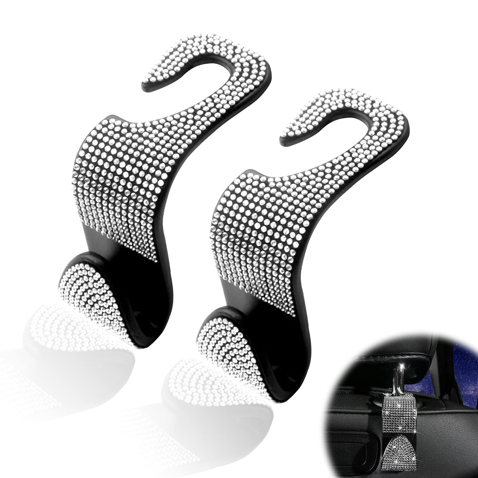 Sodcay 2 Pack Bling Car Seat Headrest Hook, Rhinestones Crystal Car Back Hooks Auto Seat Back Organizers, Car Headrest Hangers for Handbag, Clothes, Purse, Water Bottle (Black)
