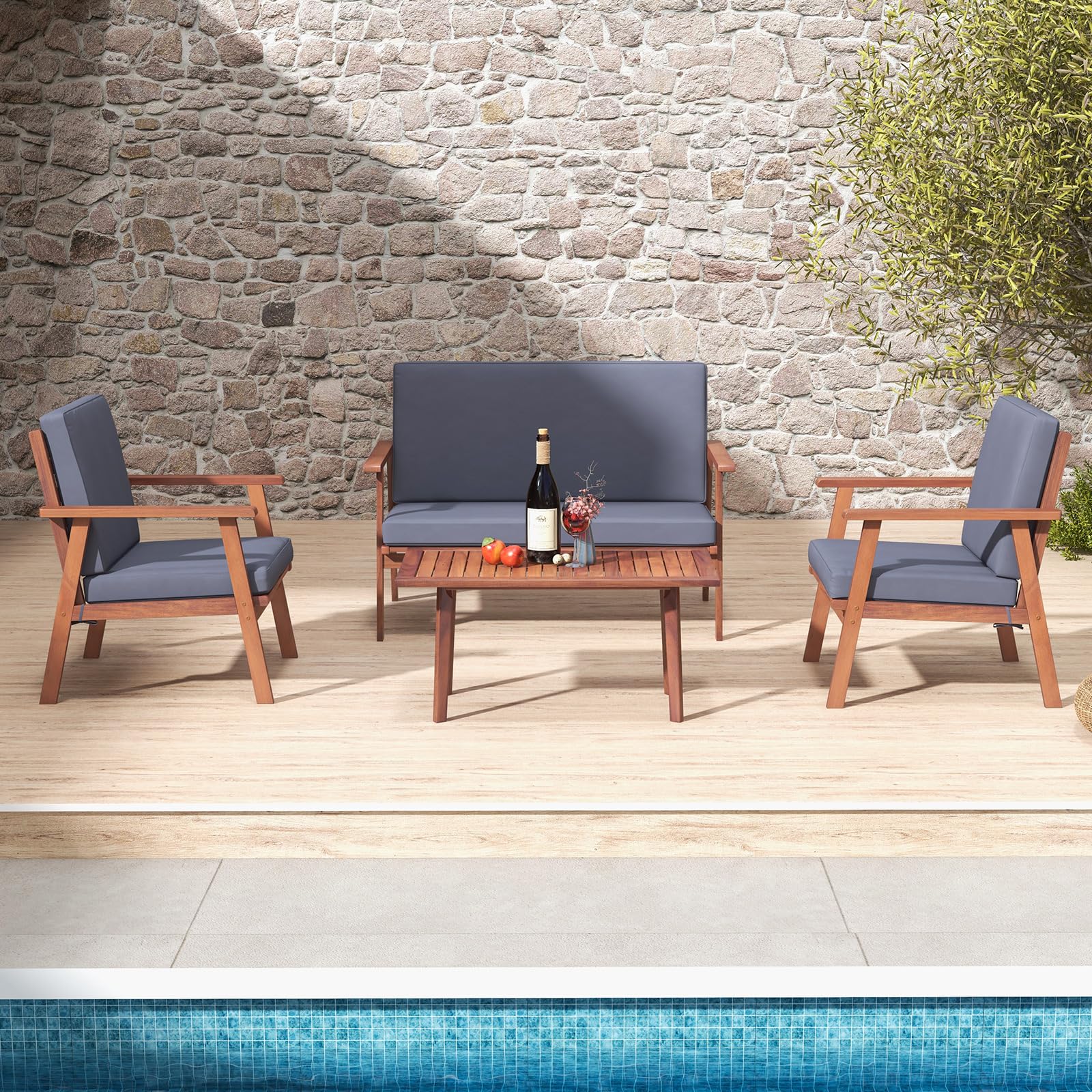 Tangkula 4 Piece Outdoor Conversation Set, Acacia Wood Sofa Set with Soft Seat & Back Cushions, Rectangle Coffee Table Patio Wood Furniture Set for Backyard, Poolside, Garden (1, Gray)