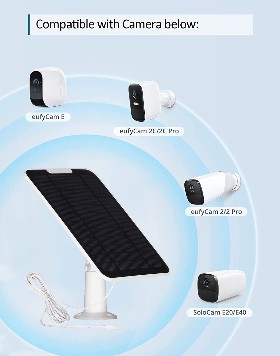 Upgrade 5V 6W Solar Panel for Security Camera, Compatible with Eufycam 2C/2C Pro/2/2 Pro/E20/E40/E, Continuous Power Supply with Micro USB Port, USB-C Adapter and 9.8ft/3m Charging Cord, 4 Pack