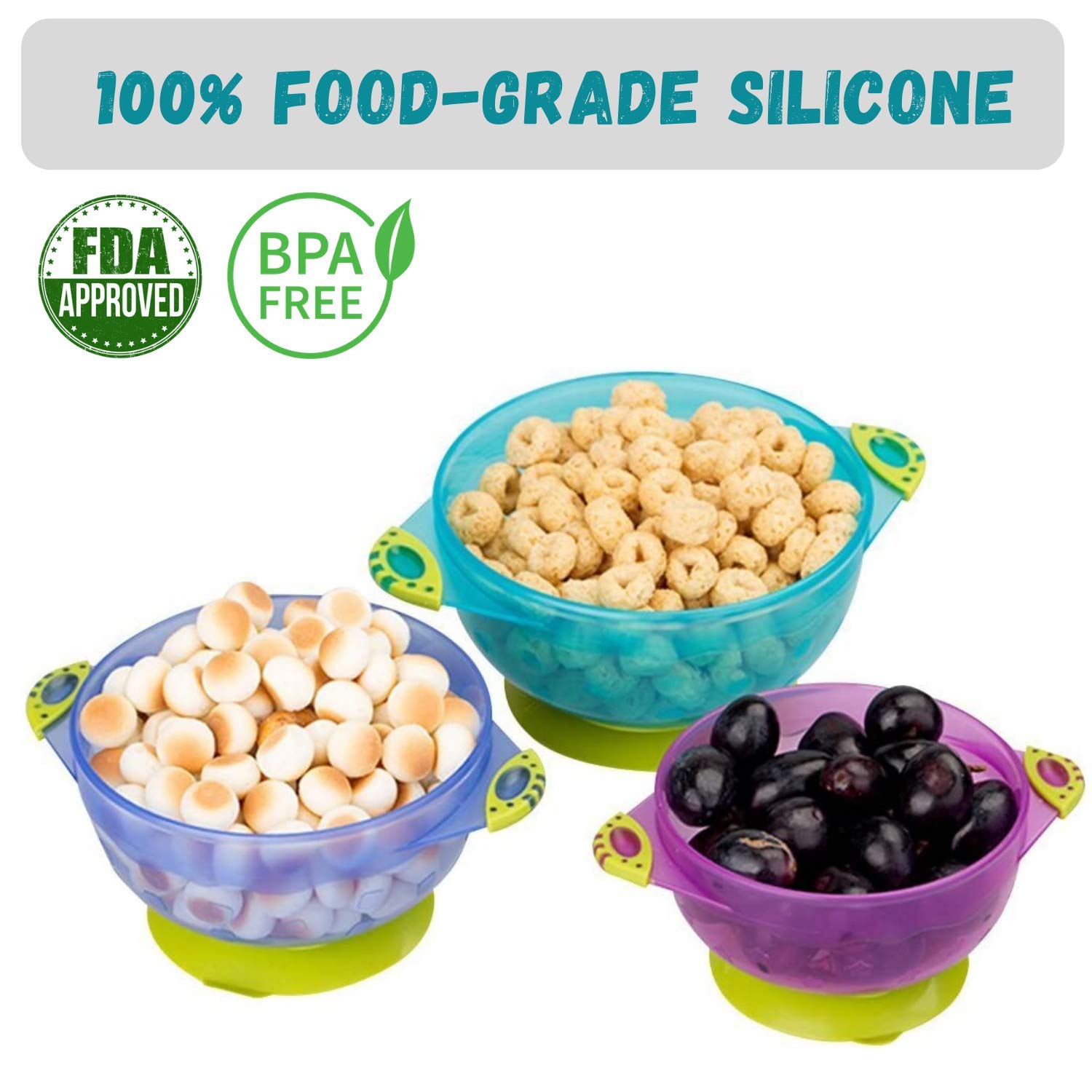 Silikong Suction Bowls for Toddlers, BPA Free, Dishwasher and Microwave Safe. Stay Put Dishes for Kids, Babies and Infants. 3 Pack
