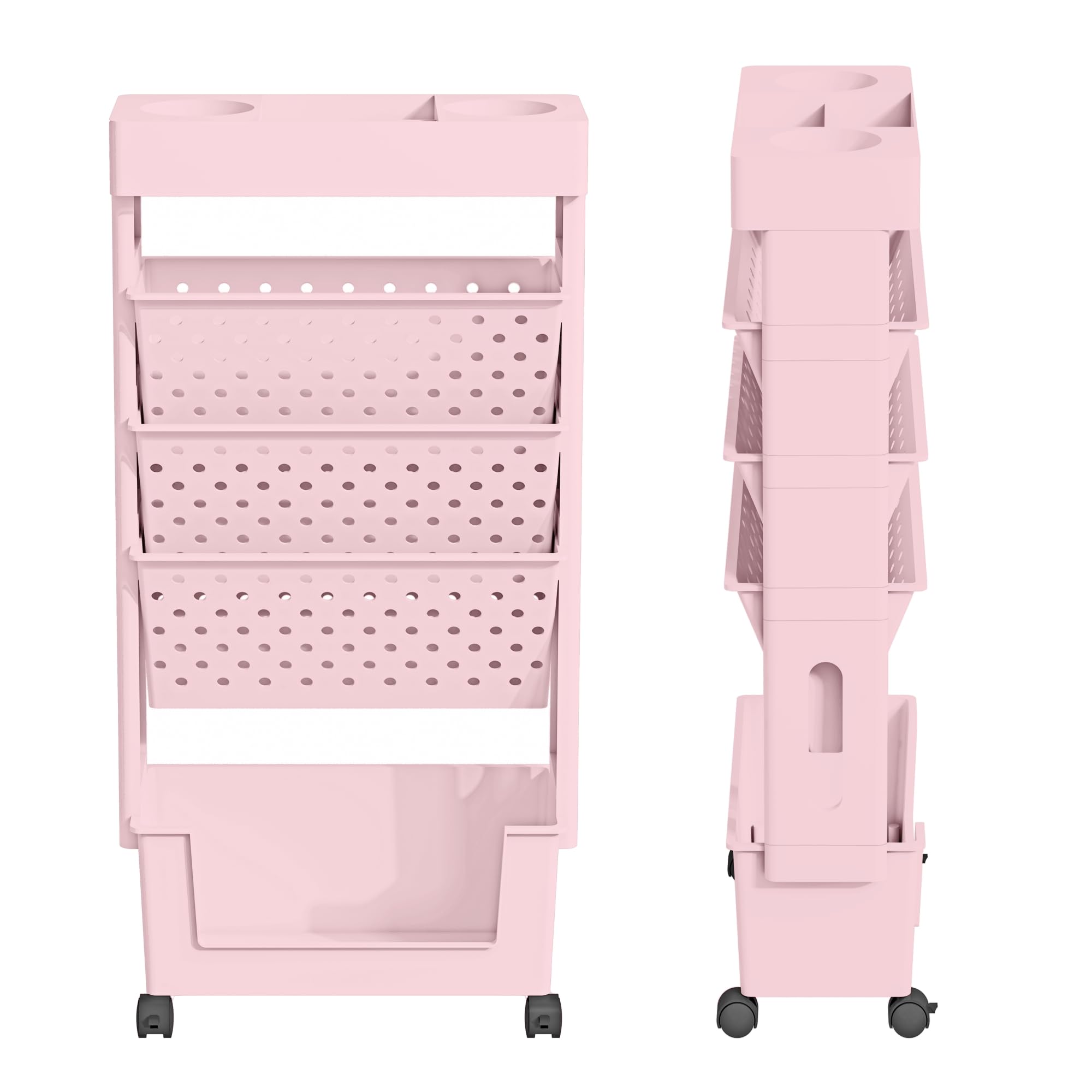 yeavs 5-Tier Mobile Bookshelf, Rolling Bookcase Book Storage Rack, Movable File Folder Organizer Cart with Wheels for Home Study Office Living Room Classroom, Pink