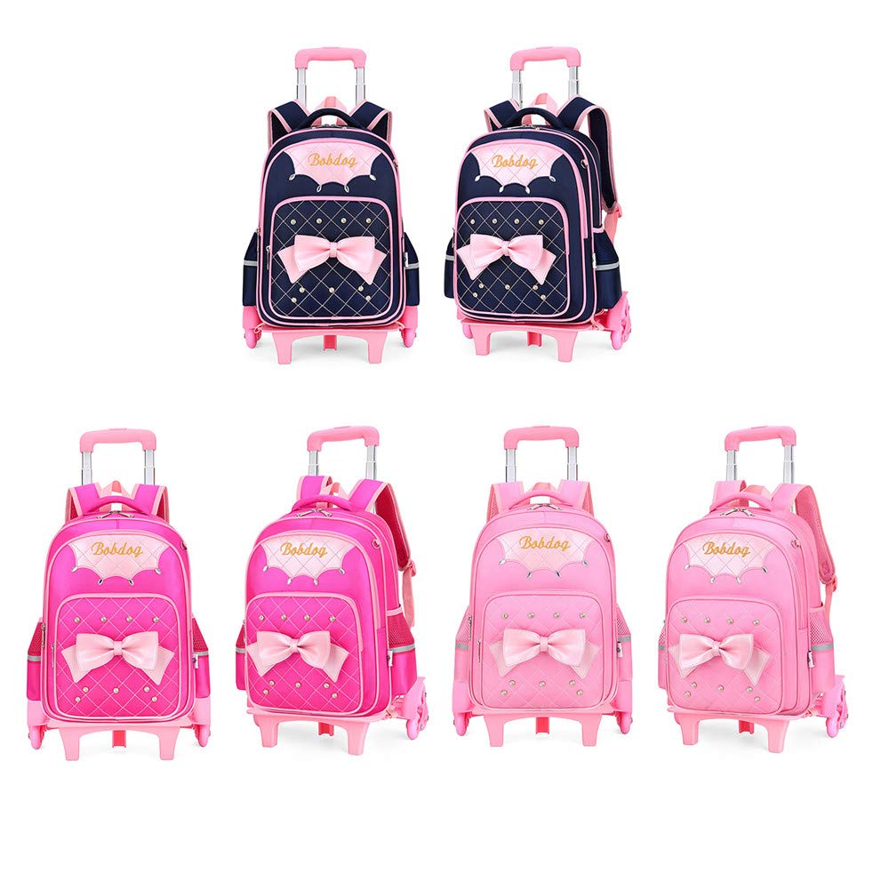 VIDOSCLA Cute Print Bowknot Trolley Backpack Elementary Middle School Rolling Bag Wheeled BookBag for Kids Girls