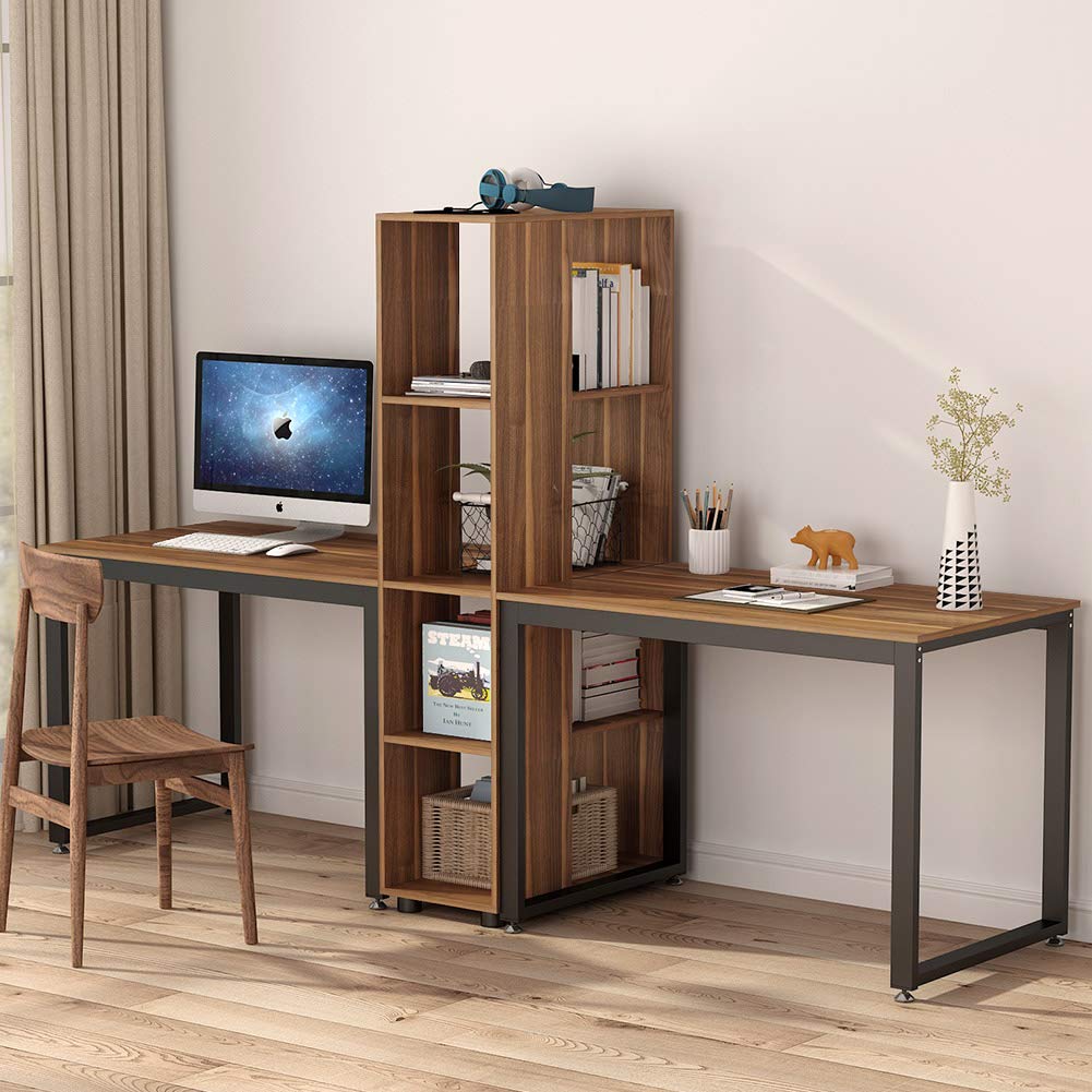 Tribesigns 91 inch Two Person Desk with Storage Shelves, Extra Long Double Desk with Bookshelf, 2 Person Computer Desk Double Workstation Desk for Home Office (Dark Walnut)