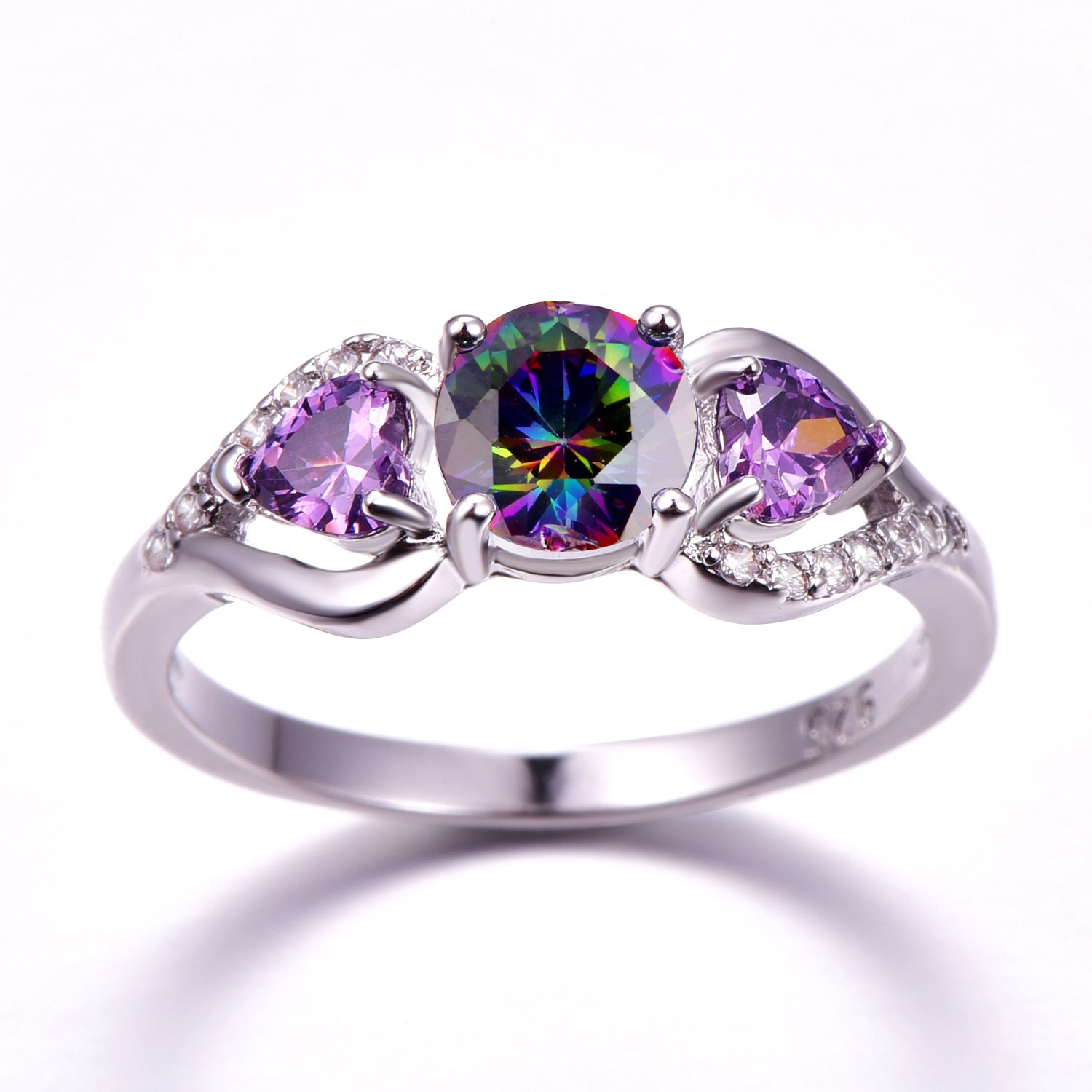 Veunora Silver Plated Created Rainbow Topaz Cubic Zirconia Filled Love Heart Ring Band for Women Size 7