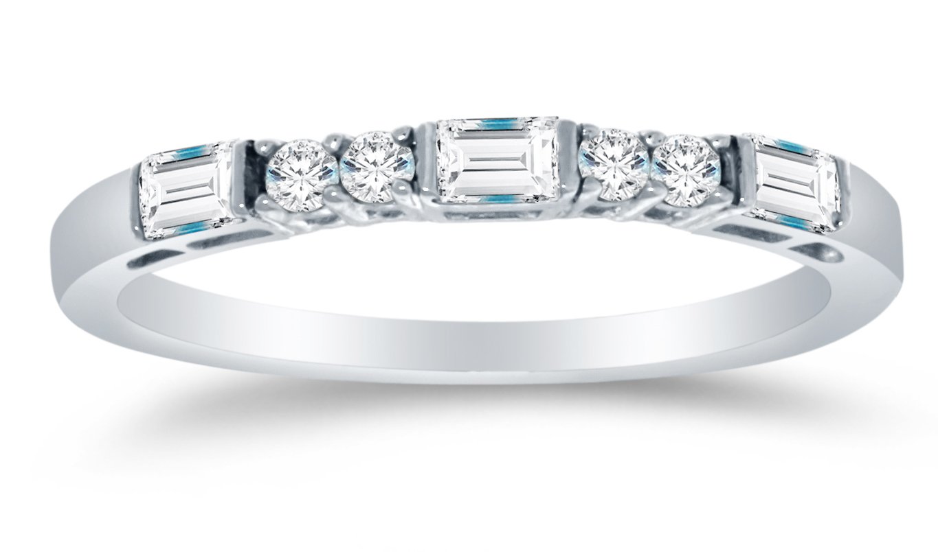 Size 6 - Solid 14K White Gold Round Brilliant Cut & Baguette CZ Cubic Zirconia Ladies Womens Wedding Band or Anniversary Ring 1/2 cttw.