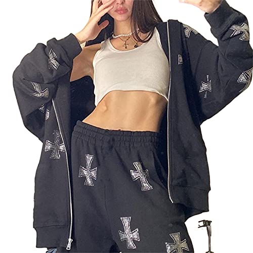 TINXIEA Women's E-Girl Oversized Sweatshirt Vintage Zip Up Hoodies Coat Long Sleeve 90s Streetwear Pullover Jacket(Black Rhinestone Cross, Small)