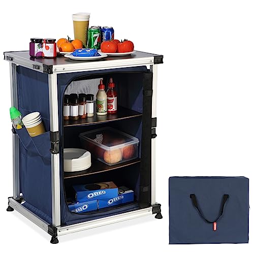 VEVOR Camping Kitchen Table Storage, Outdoor Pop-up Aluminum Portable Folding Cook Station with 3-Tier Organizer, Side Pocket & Carrying Bag, Quick Set-up for BBQ Party Backyard RV Traveling, Blue