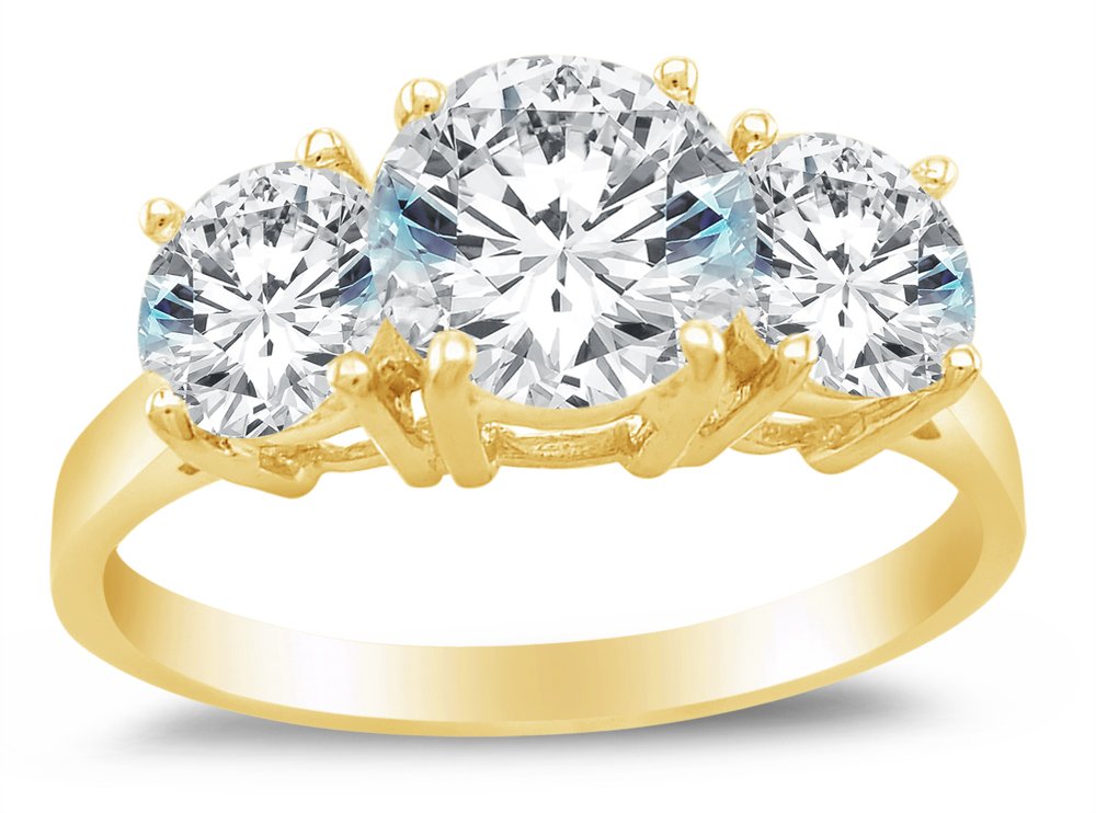 Size 6.5 - Solid 14k Yellow Gold 3 Three Stone Round Brilliant Cut Solitaire with Round Side Stones CZ Cubic Zirconia Engagement Ring 2.0ct.
