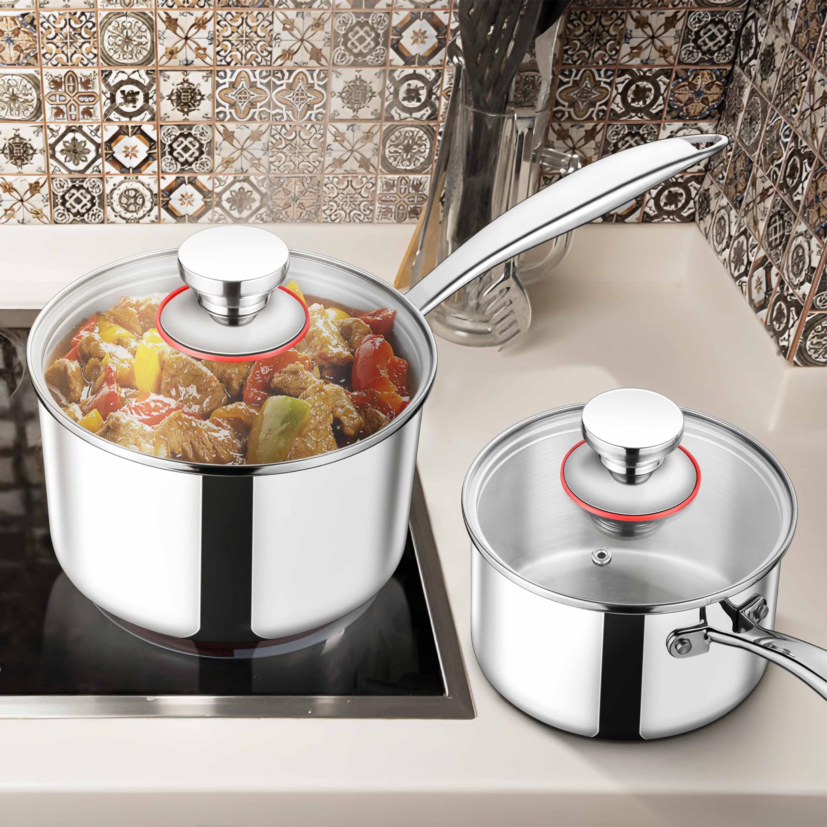 TeamFar Saucepan with Lid, 1qt & 3qt Stainless Steel Tri-ply Sauce Milk pan Small Cooking Pot for Induction/Gas/Electric/Ceramic, Healthy & Heavy Duty, Ergonomic Handle & Dishwasher Safe β Set of 2