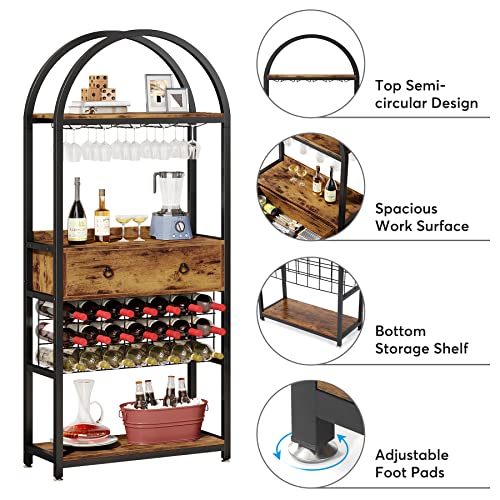 Tribesigns Wine Rack Cabinet Tall Freestanding Floor Liquor Cabinet with Glasses Holder and 1 Drawer, Industrial 21-Bottle Metal and Wood Wine Rack Table for Home Bar, Kitchen, Dining, Rustic Brown