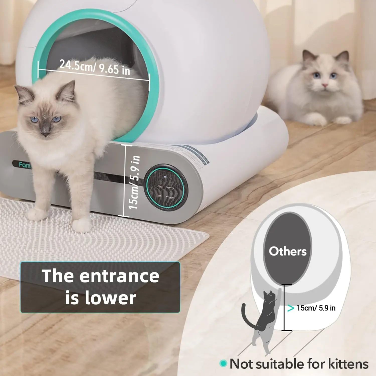 Smart Electronic Self Cleaning Big Automatic Enclosed Cat kitty Litter Toilet Box, Spacious Large (45 ft³, 17.2 Gal), Auto Clean Cat Litter Box with APP Control