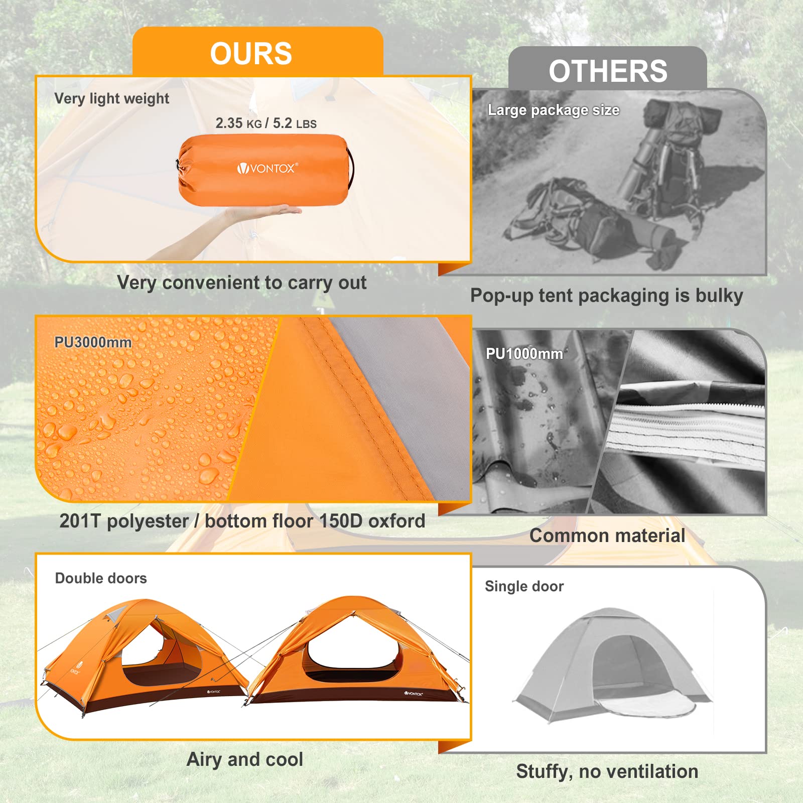 V VONTOX 2-3 Person Ultralight Backpacking Tent, Orange, Waterproof, Windproof, 86.6 x 48.4 in, 31 sqm