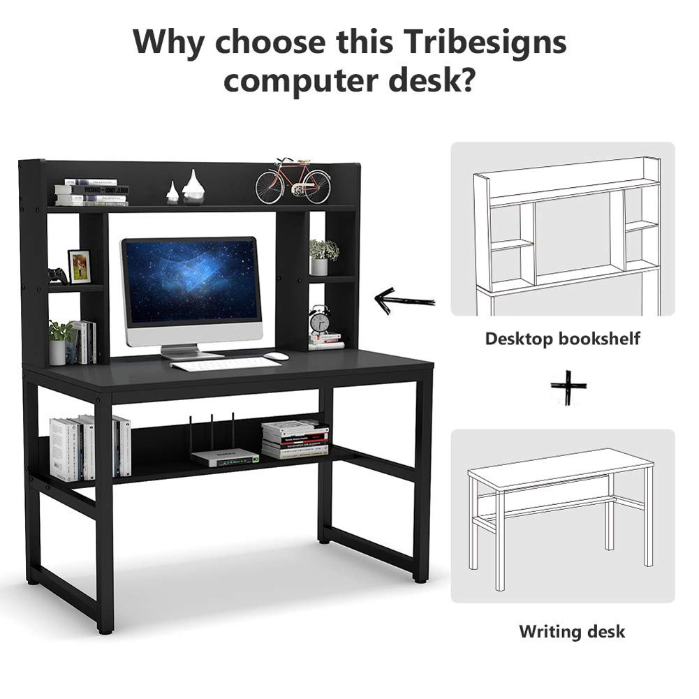 TRIBESIGNS WAY TO ORIGIN Computer Desk with Hutch, 47 Inch Modern Writing Desk with Storage Shelves, Office Desk Study Table Gaming Desk Workstation for Home Office, Black