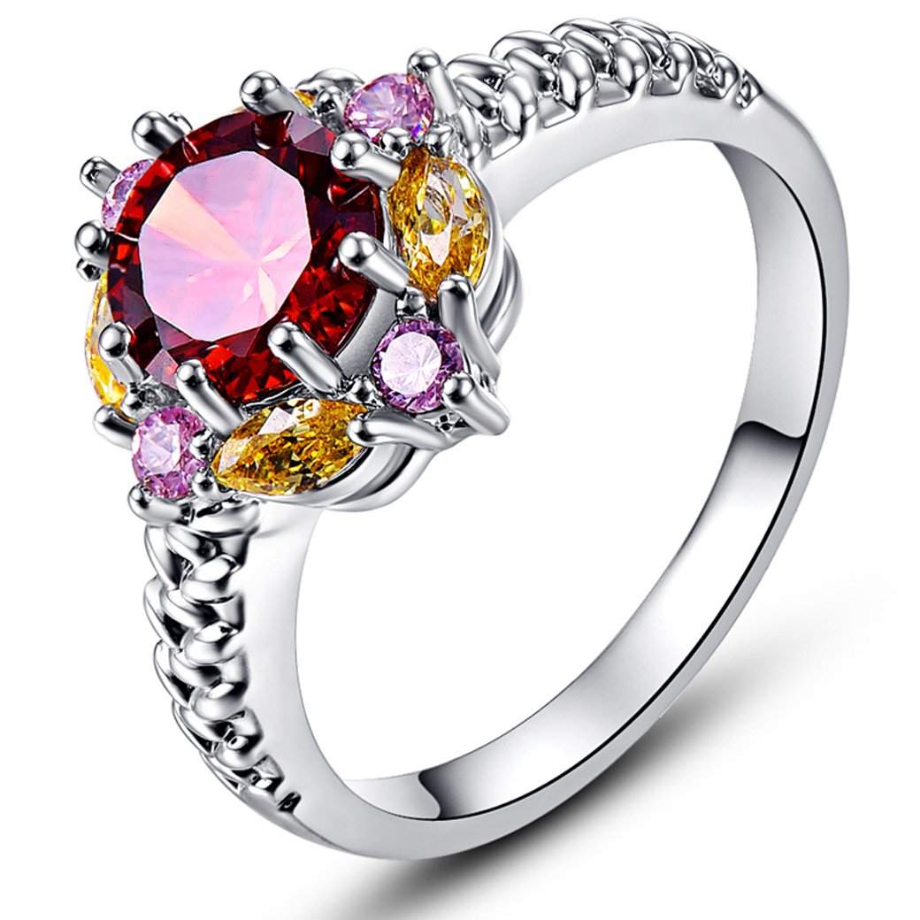 Veunora Beautiful Flower Design Silver Plated Created-Garnet Cubic Zirconia Filled Ring for Women (Z-Red & Yellow & Pink, 8)