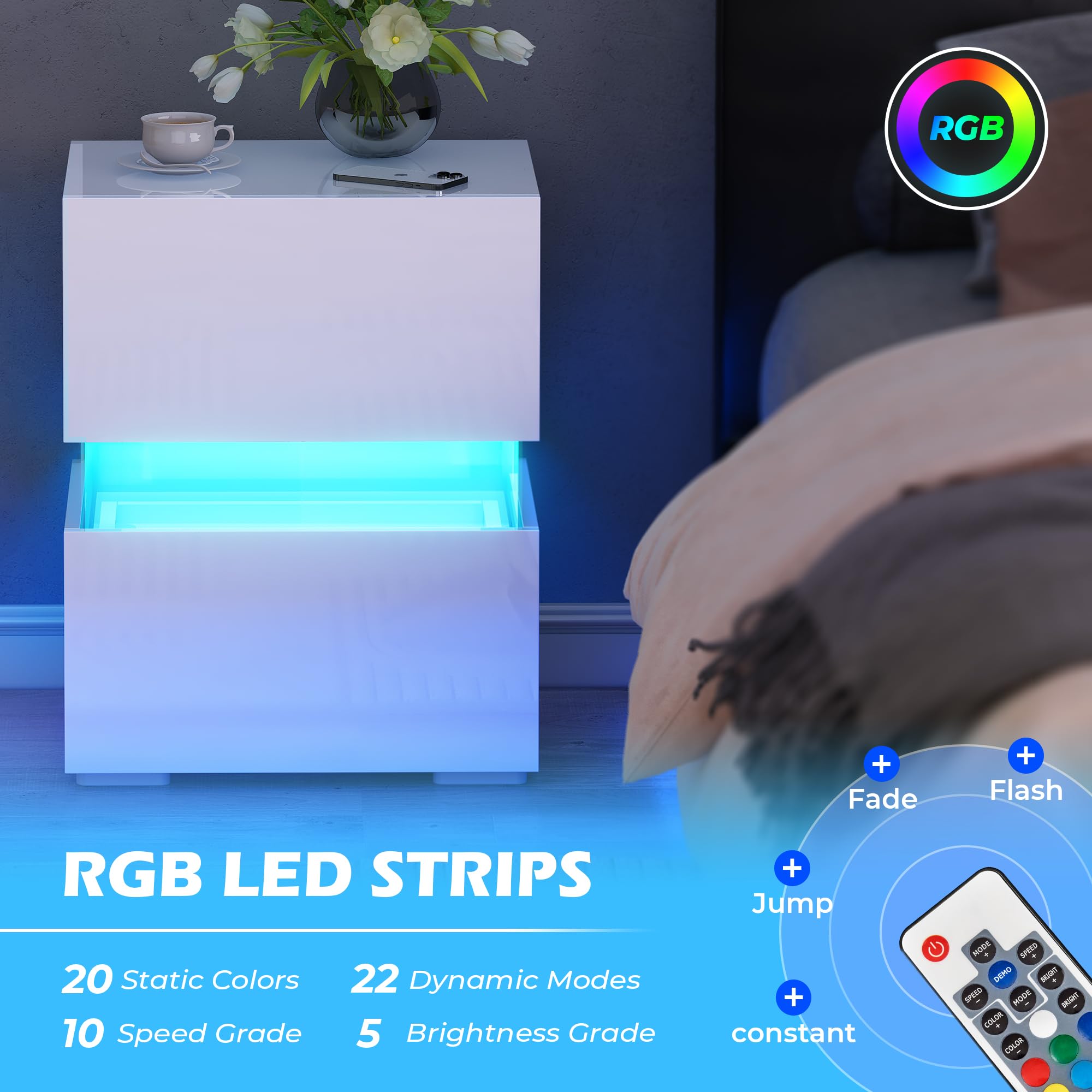 SUPERJARE LED Nightstands Set of 2, Bedside Tables with LED Lights, Night Stands with High Gloss Drawers, Remote, End Tables Side Tables, for Bedroom - White