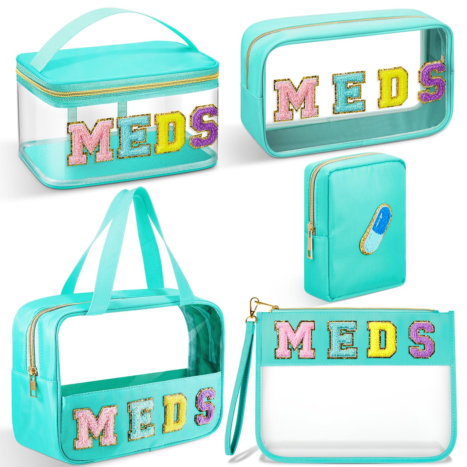 Talltalk 5 Pcs Chenille Letter Bag MEDS Makeup Pouches with Zipper Clear Cosmetic Toiletry Nylon Waterproof PVC Preppy Makeup Organizer Portable Plastic Pouches for Travel Makeup Case with Handle