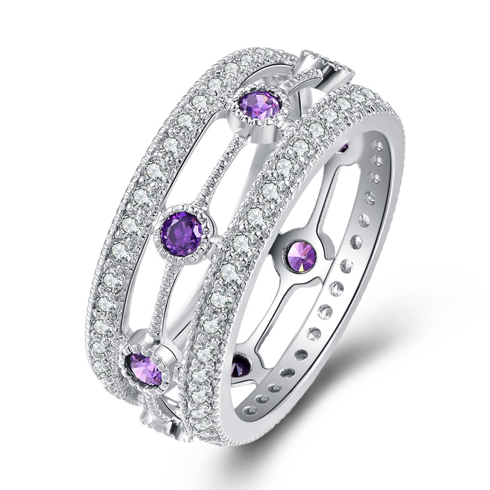 Veunora Silver Plated Created Amethyst and White Topaz Multi Row Cubic Zirconia Filled Eternity Ring Wide Band for Women Size 7