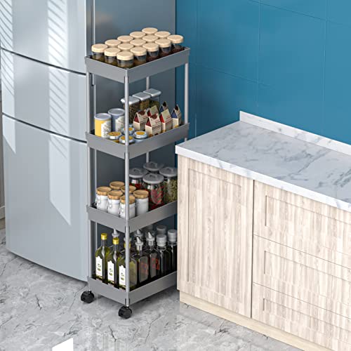 Sooyee 4-Tier Rolling Cart,Utility Carts with Wheels,Cute Room Decor,Organization and Storage for Office,Bedroom,Bathroom, Kitchen, Living Room, Laundry Room,Grey