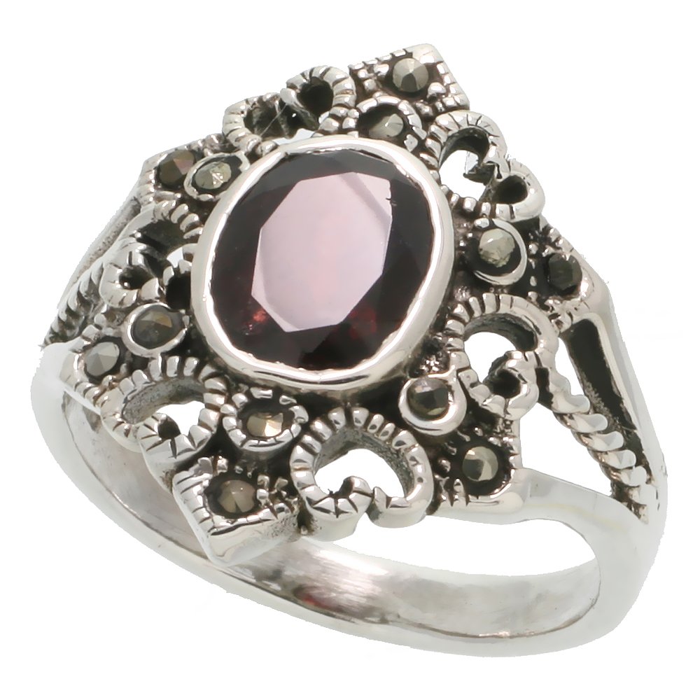 Sterling Silver Marcasite Hexagon-shaped Ring, w/Oval Cut Natural Garnet, 3/4 inch (21 mm) wide, size 9