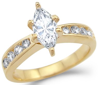 Size- 5.5 - Solid 14k Yellow Gold Solitaire Marquise CZ Cubic Zirconia Engagement Ring 1.25 ct