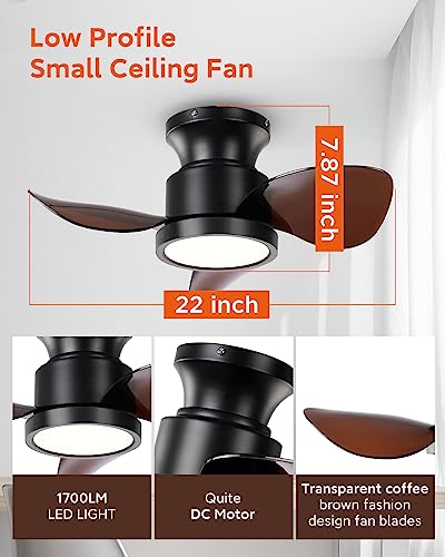TALOYA Small Ceiling Fans with Lights, Black 22Inch Remote Control Mini Ceiling Fans with Quiet DC Motor Flush Mount 3 Colour Temperature for Bedroom, Patio,Kitchen