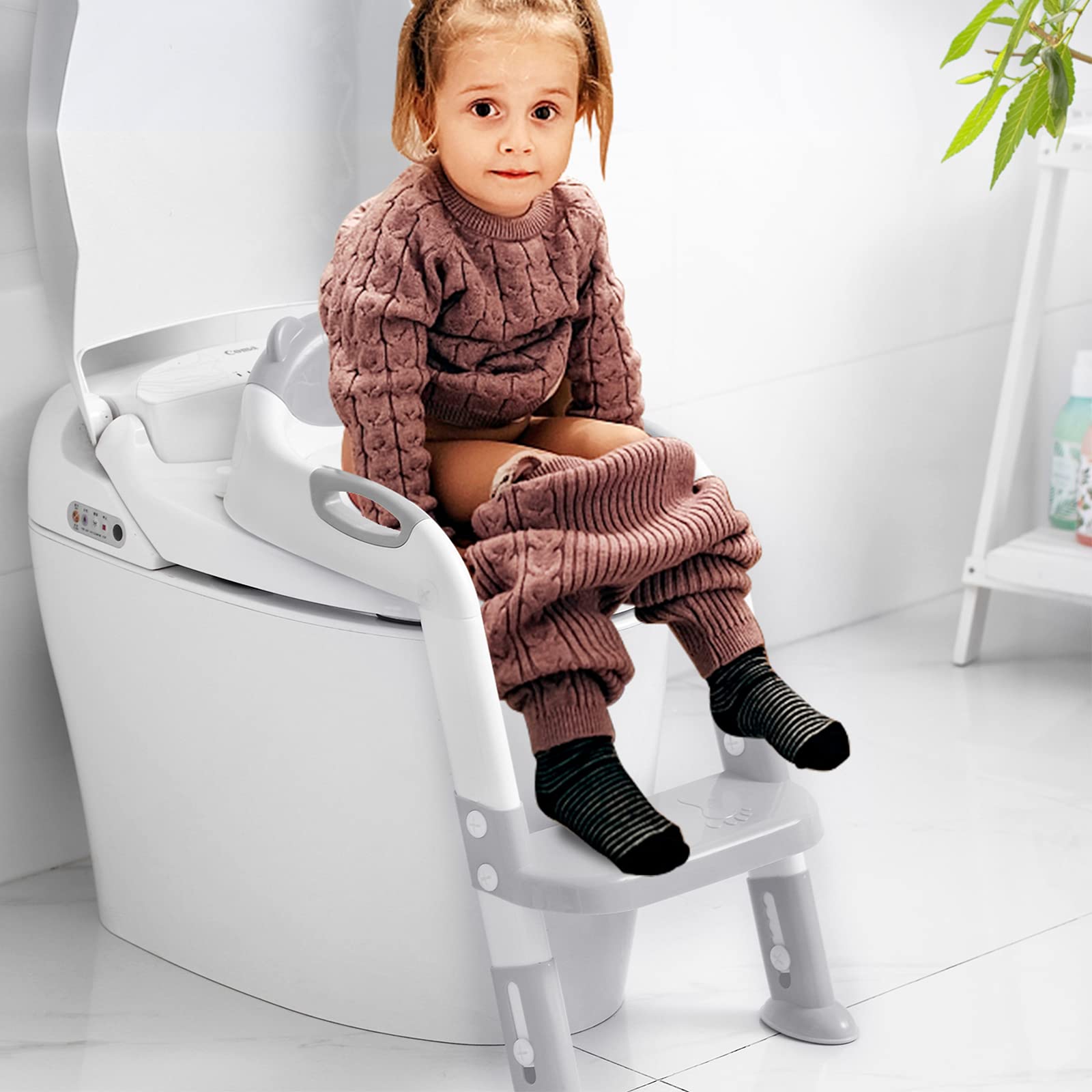 Victostar Potty Training Seat with Step Stool Ladder, Foldable Potty Training Toilet for Kids Boys Girls Toddlers-Comfortable Cushion Safe Handle Anti-Slip Pads