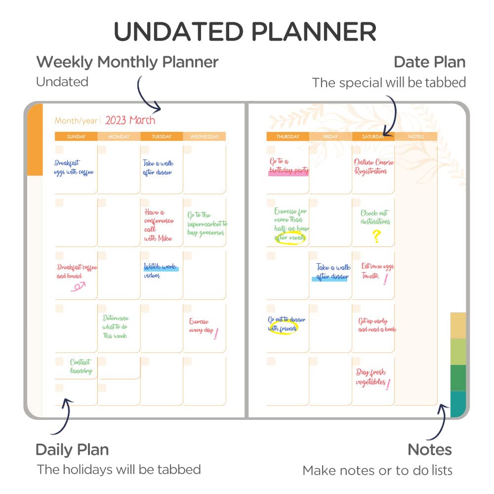 Undated Academic Weekly and Monthly Planner for 2023, 2024 and 2025, 5.75"x 8.2" 12 Month Spiral Planner with Tabs, Thick Paper, Twin-Wire Binding, Inner Pocket, 4 Sheets Stickers Rainbows