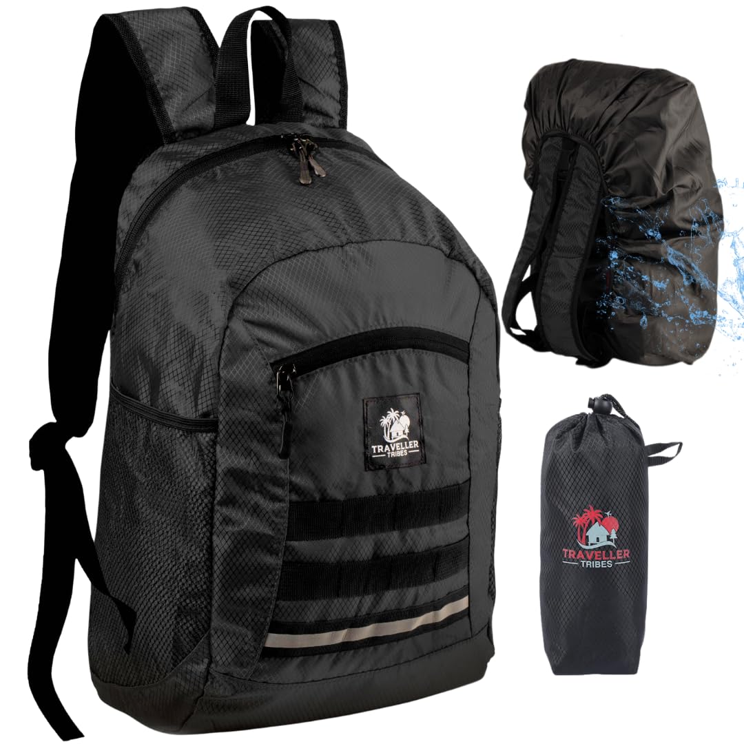 TRAVELLER TRIBES 20L Small Packable Daypack with Rain Cover, Lightweight Backpack for Men Women, Foldable Backpack for Travel, Outdoor, Hiking, Camping (Black)
