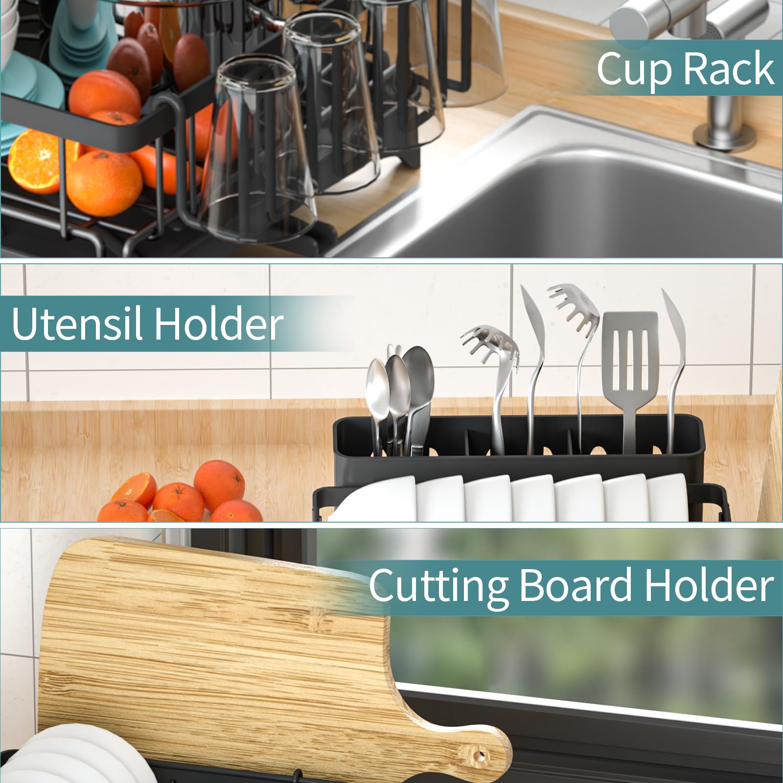 Yeepoo Dish Drying Rack 2 Tier for Kitchen Counter, Large Dish Rack Come with Utensil Holder, Cup Rack, Cutting Board Holder, Rustproof Stainless Steel Dish Drainer with Upgraded Drainboard