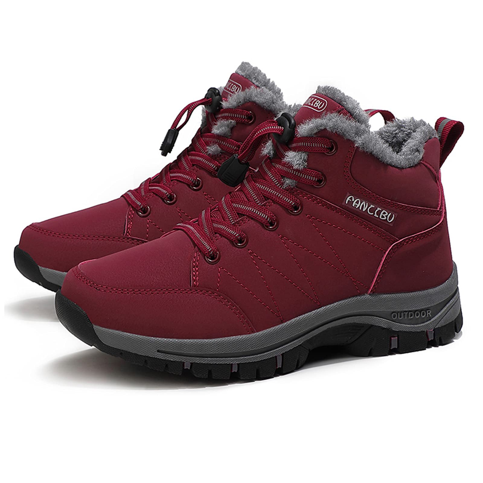 ZHNSHM Womens Winter Boots Casual Lightweight Waterproof Snow Boots Anti-Slip Fur Lined Trekking Backpacking Hiking Boots… Red