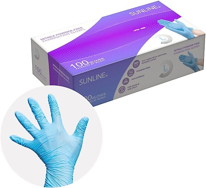 SUNLINE Blue Nitrile Powder Free Medical Examination Gloves (4mil), Medium